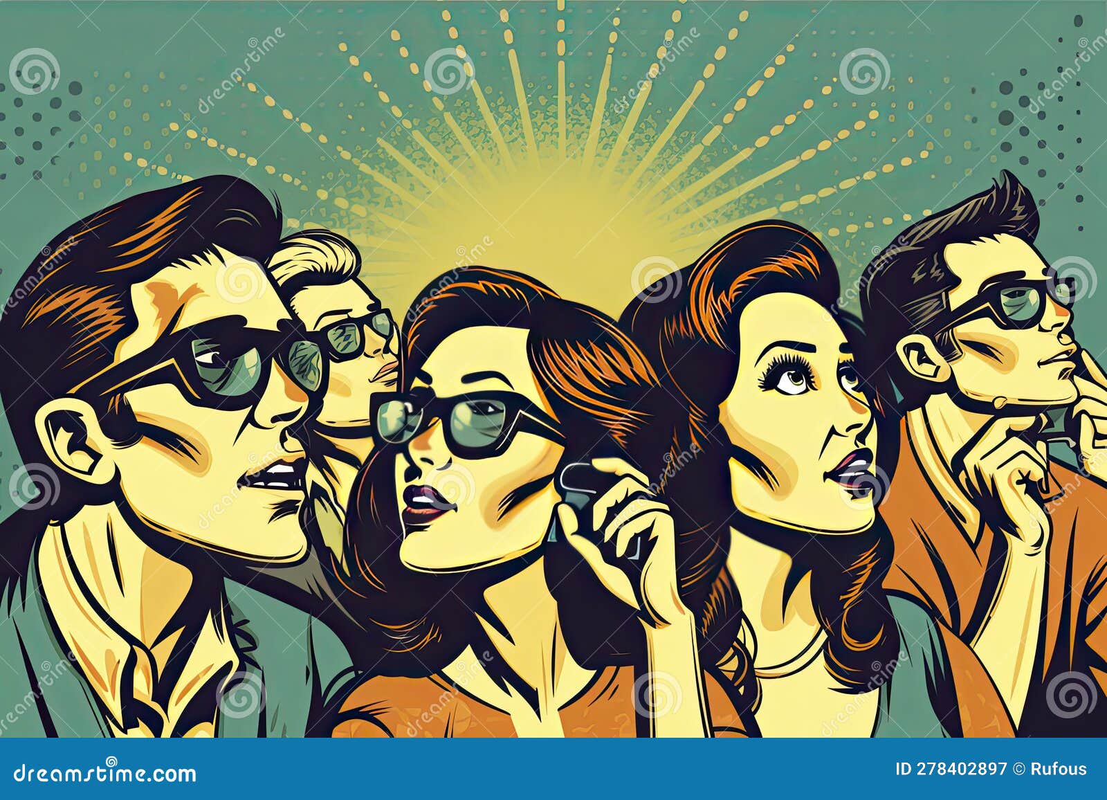 Retro Group Of People Are Watching On The Silver Screen. Pop Art Retro ...