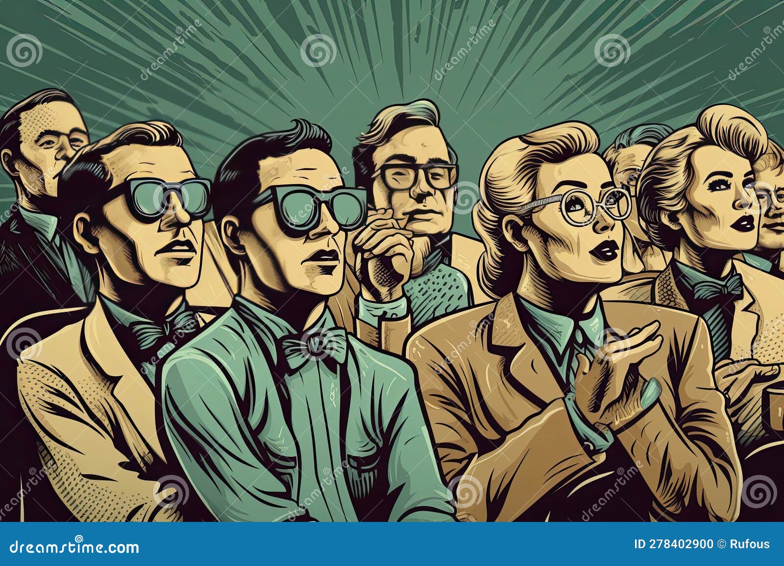 Retro Group Of People Are Watching On The Silver Screen. Pop Art Retro ...