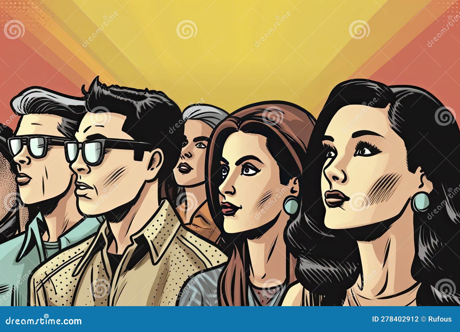 Retro Group of People are Watching on the Silver Screen. Pop Art Retro ...