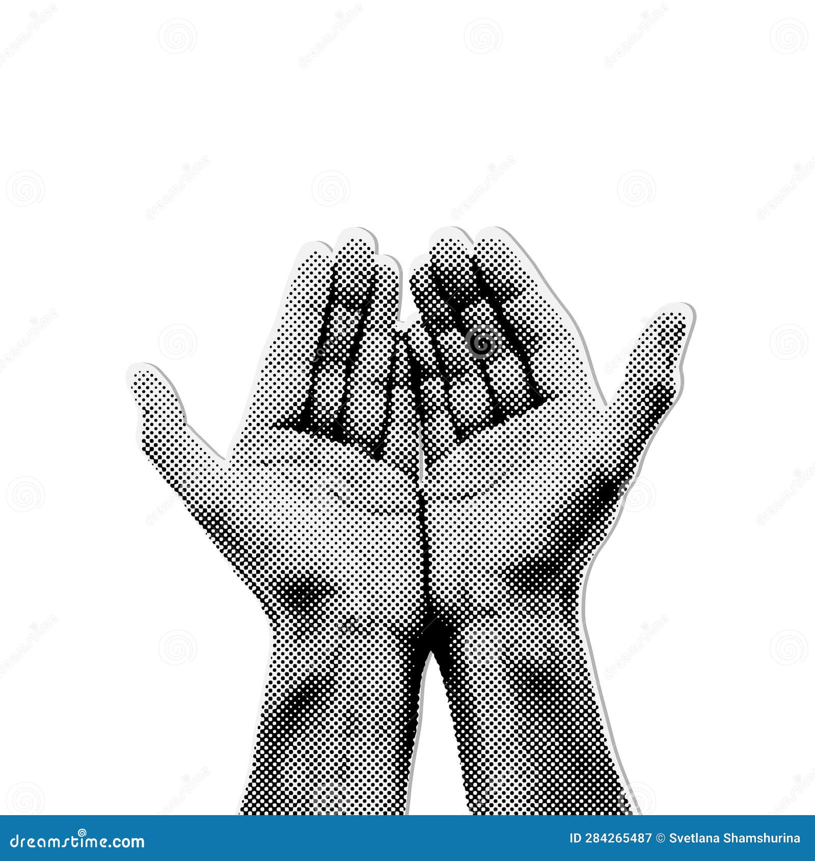 Retro Halftone Collage Element with Two Hands and Cutout Paper Shape ...