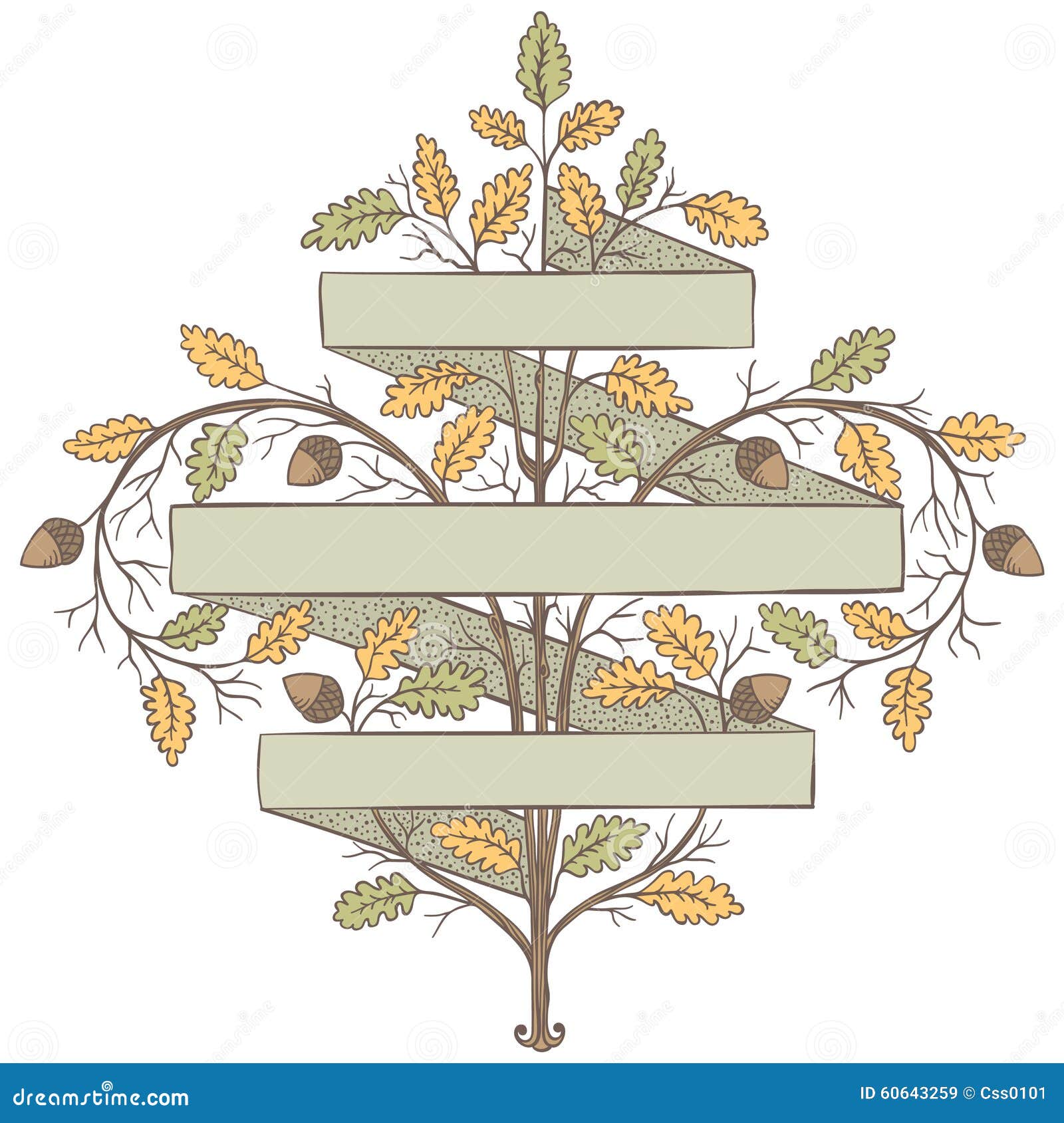 Retro Hand Draw Decorative Oak Branch with Ribbon. Vintage Vector ...