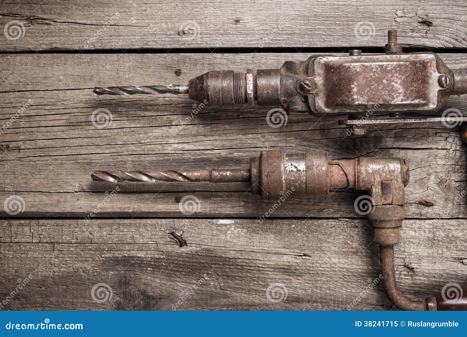 Retro Hand Drills on Wooden Table Stock Image - Image of vintage ...