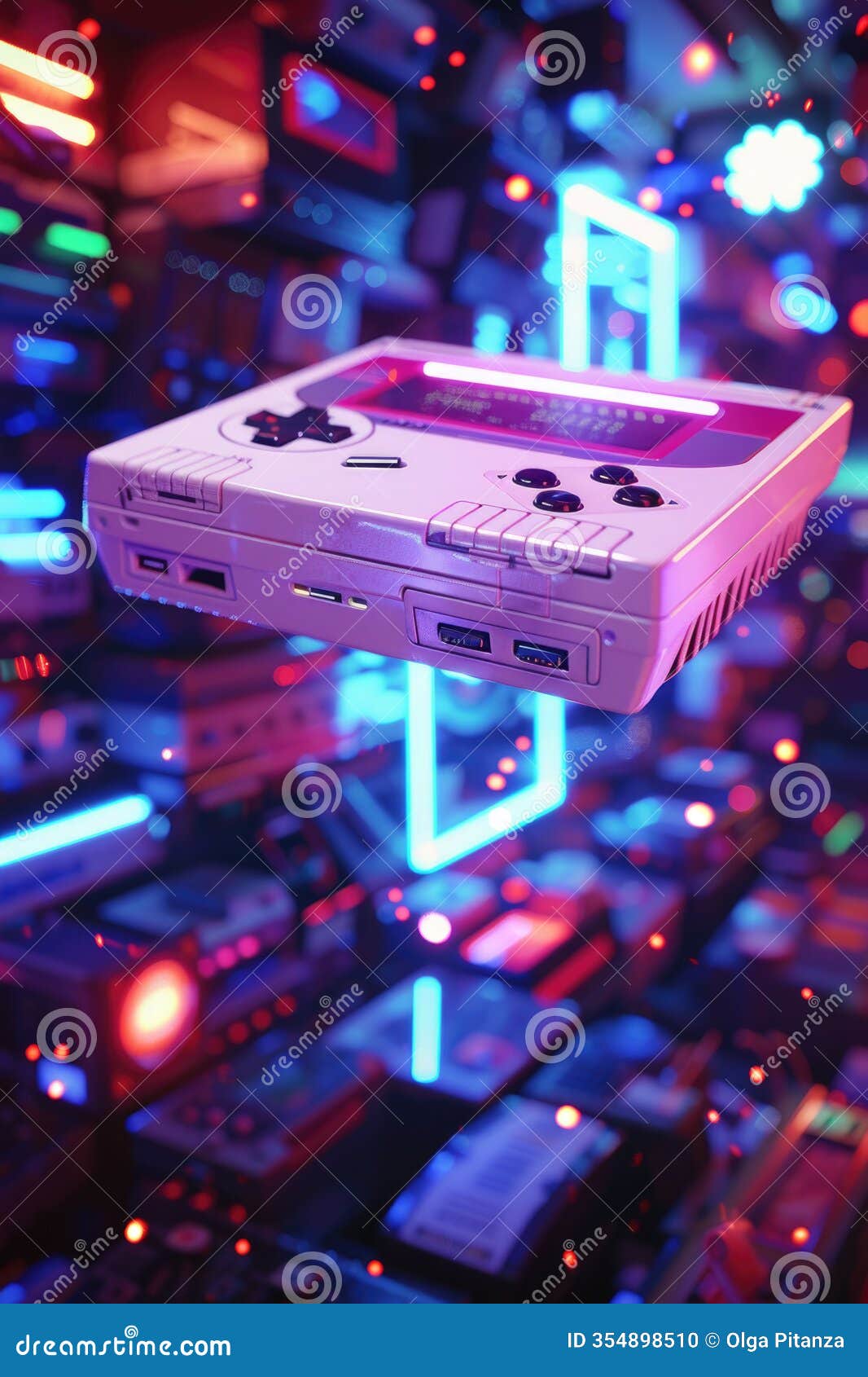 Retro Handheld Gaming Console Surrounded by Neon Grids and Futuristic ...