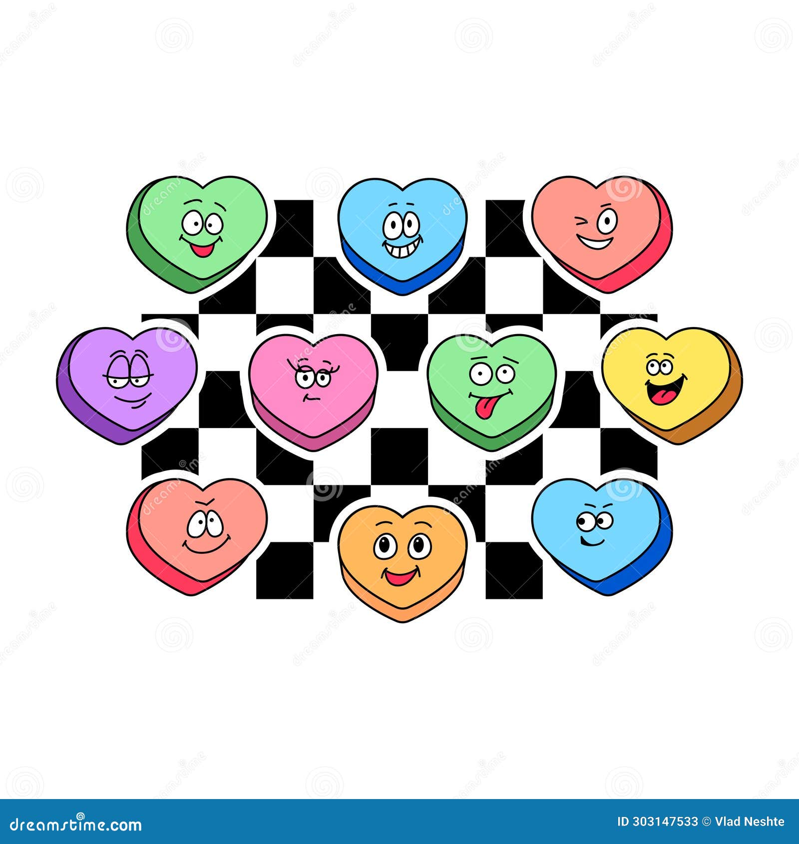 Retro Hearts with Funny Emotions on a Checkered Background Stock Vector ...
