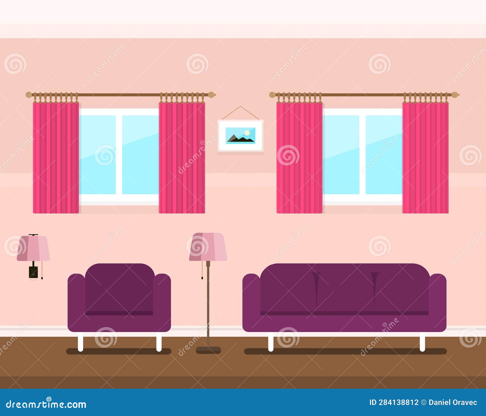 Retro Hotel Room with Two Windows and Pink Wall, Vector Stock Vector ...