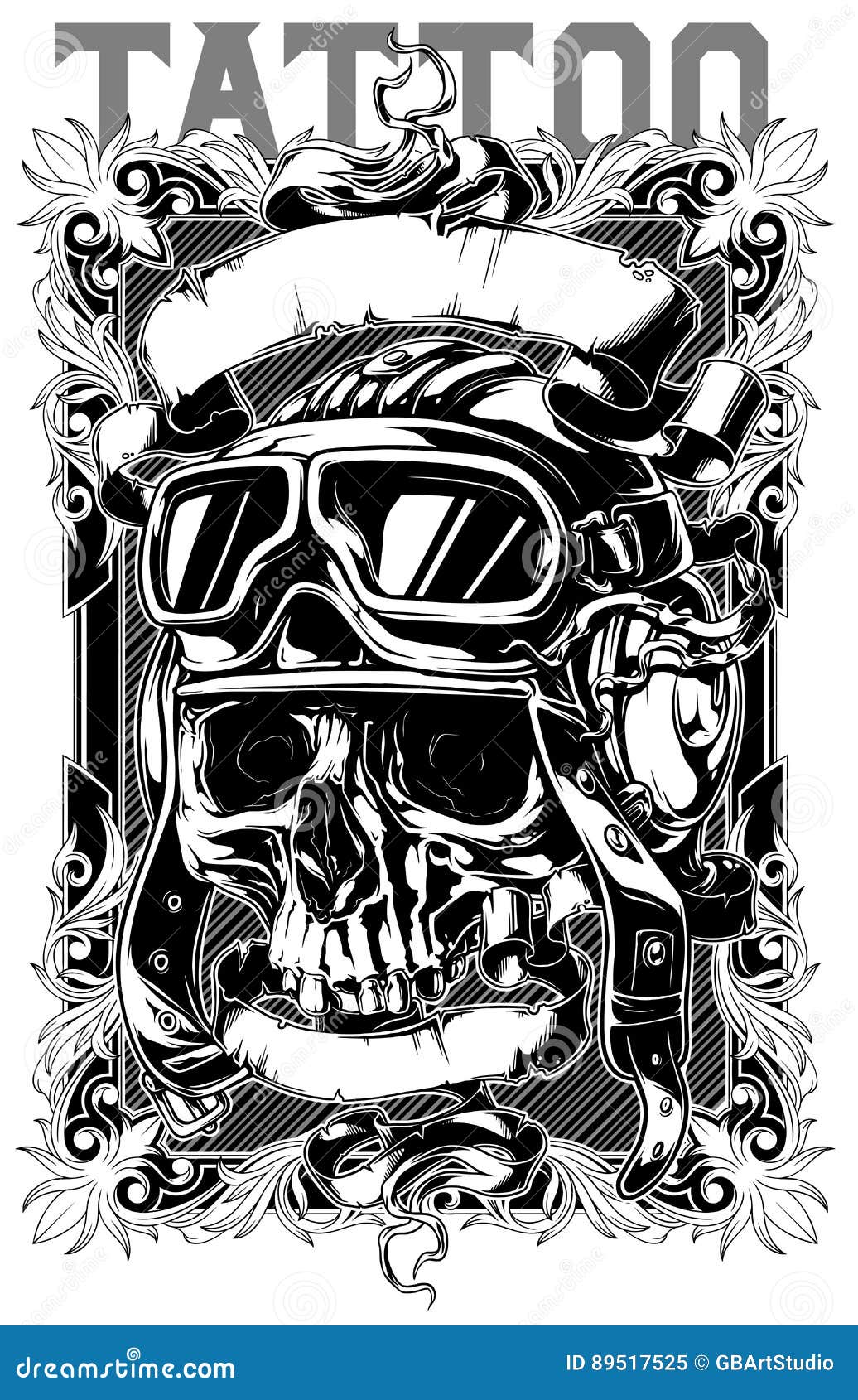 Retro Human Pilot Skull Tattoo with Ribbons Design Stock Vector ...