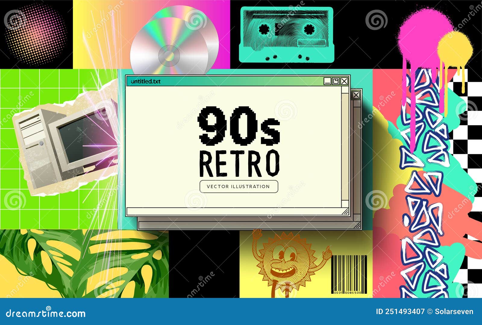 Retro Iconic 90s Textures And Objects Background Cartoon Vector ...