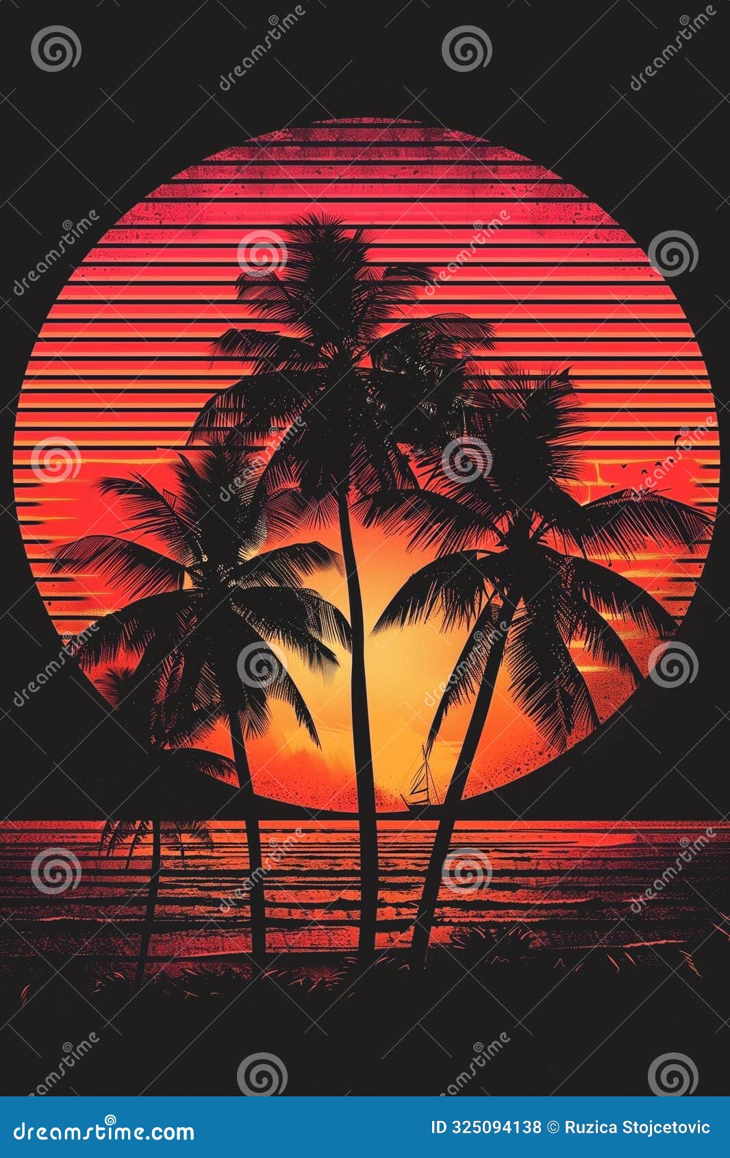Retro Illustration Of Evening On The Beach With A Beautiful Landscape ...