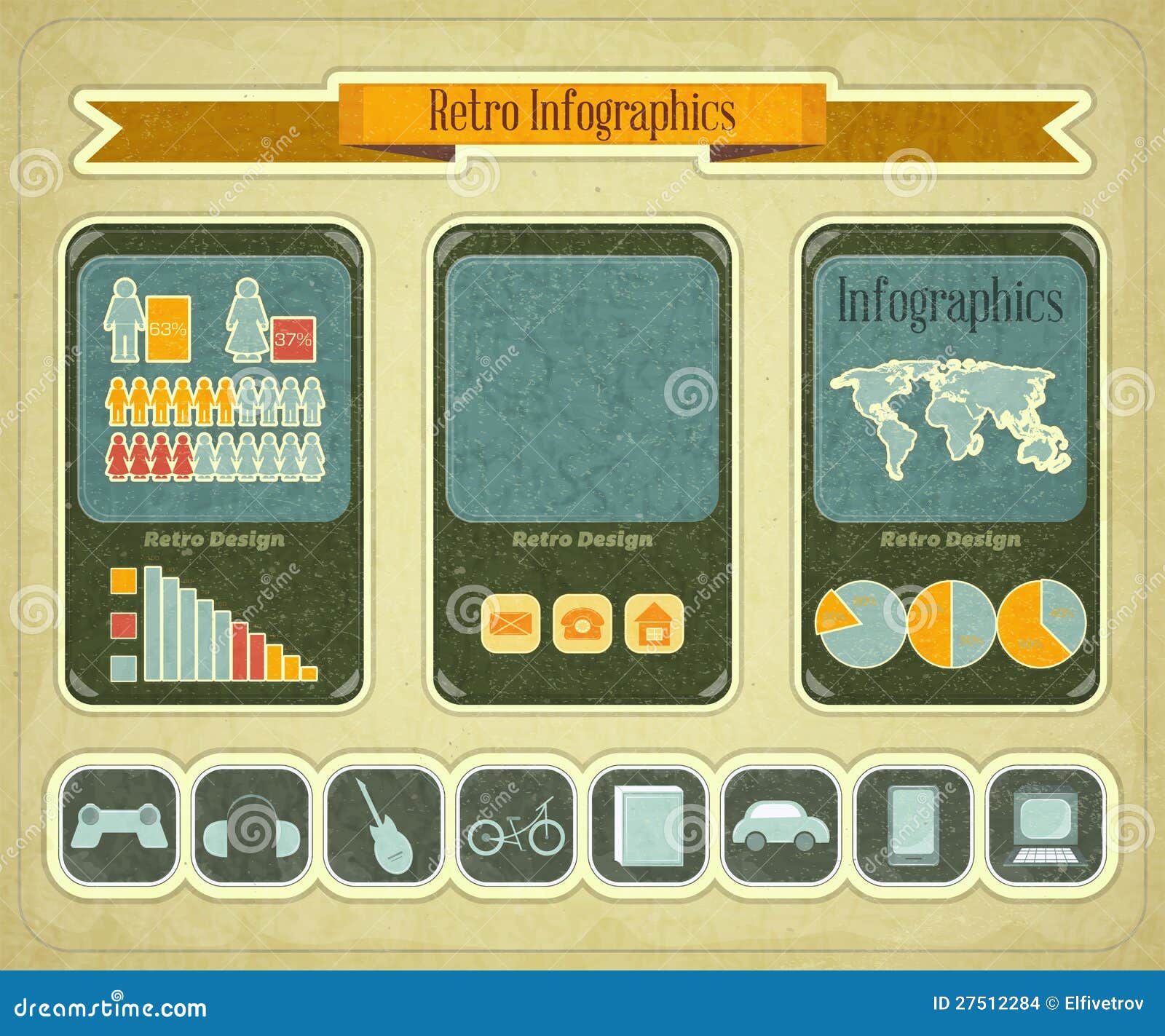Retro Infographic Vector Set With Digitally Grunged Background ...