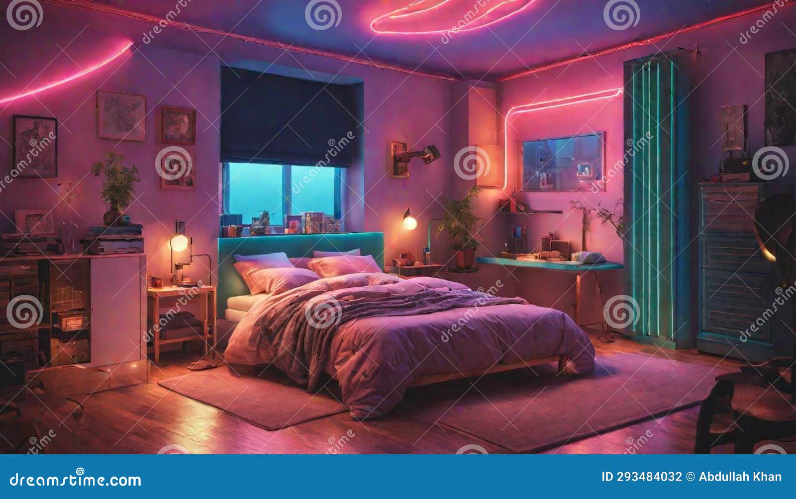 A Retro-inspired Bedroom with Neon Lights Evoking a Nostalgic Stock ...