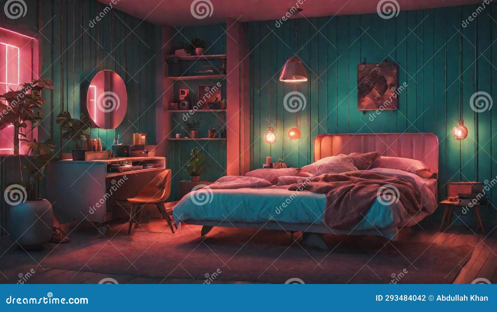 A Retro-inspired Bedroom with Neon Lights Evoking a Nostalgic Stock ...