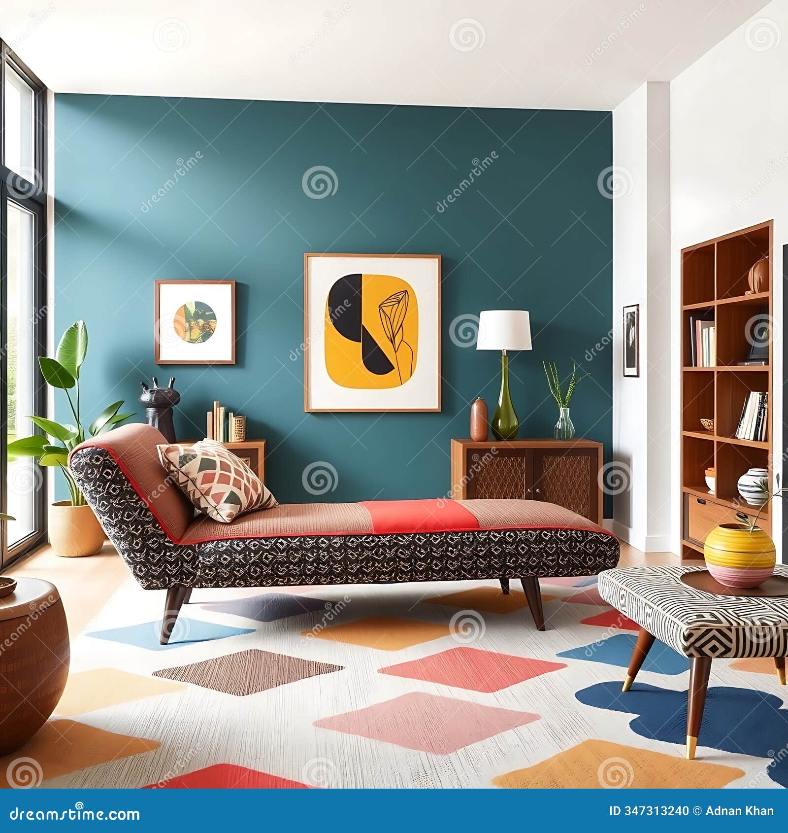 A Retro Inspired Chaise Lounge with Bold Colors and Geometric Patterns ...