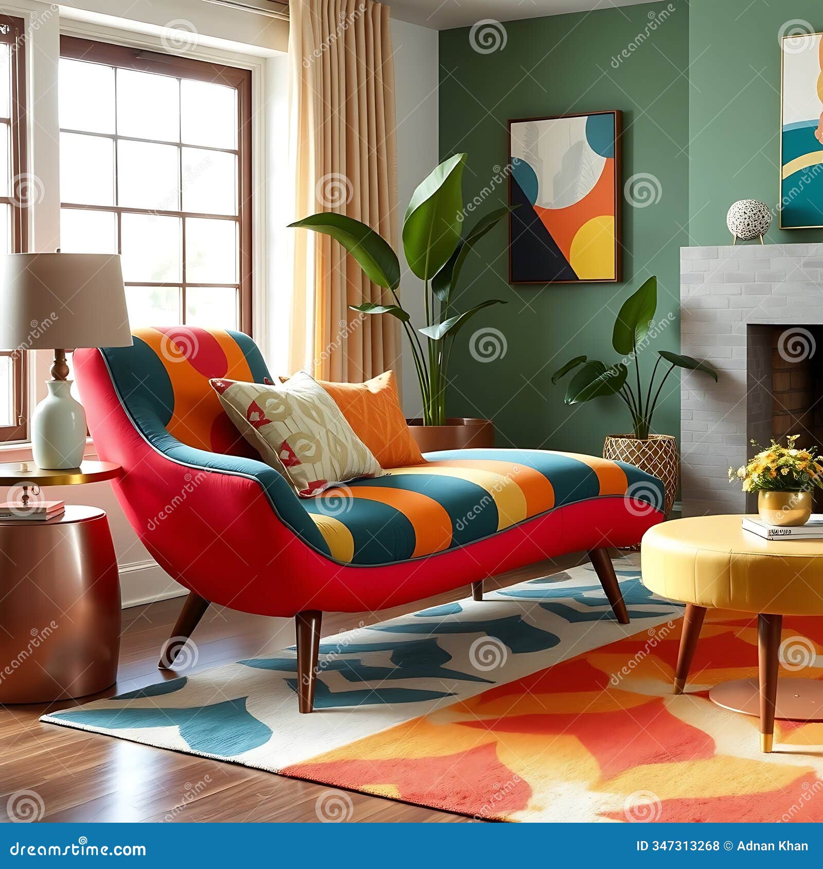 A Retro Inspired Chaise Lounge with Bold Colors and Geometric Patterns ...