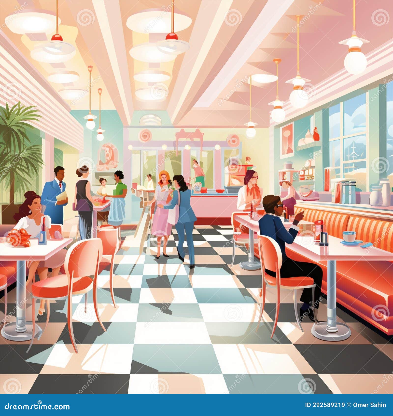 Retro-inspired Illustration of a Bustling Reception Buffet in a 1950s ...