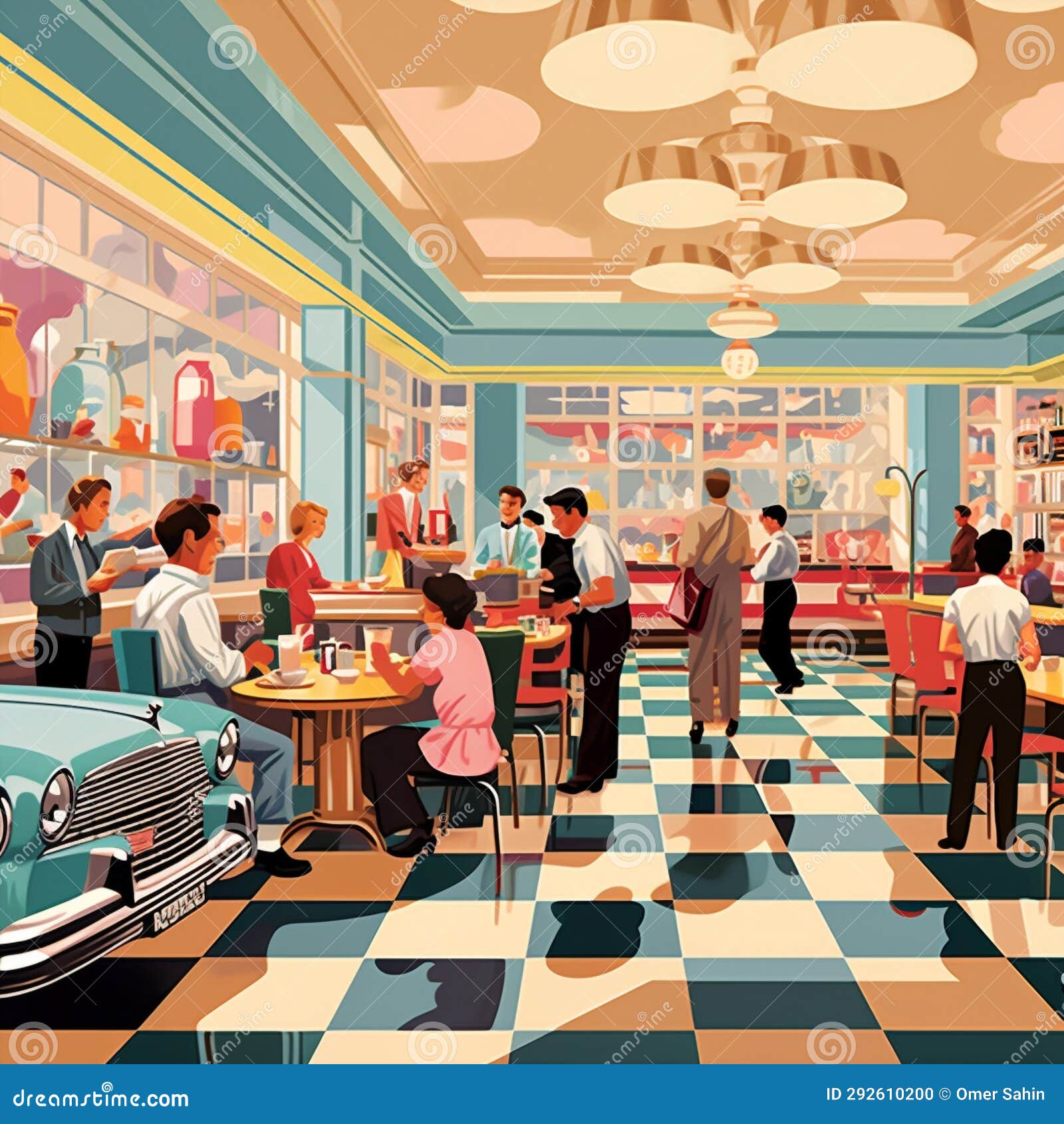 Retro-inspired Illustration of a Bustling Reception Buffet in a 1950s ...