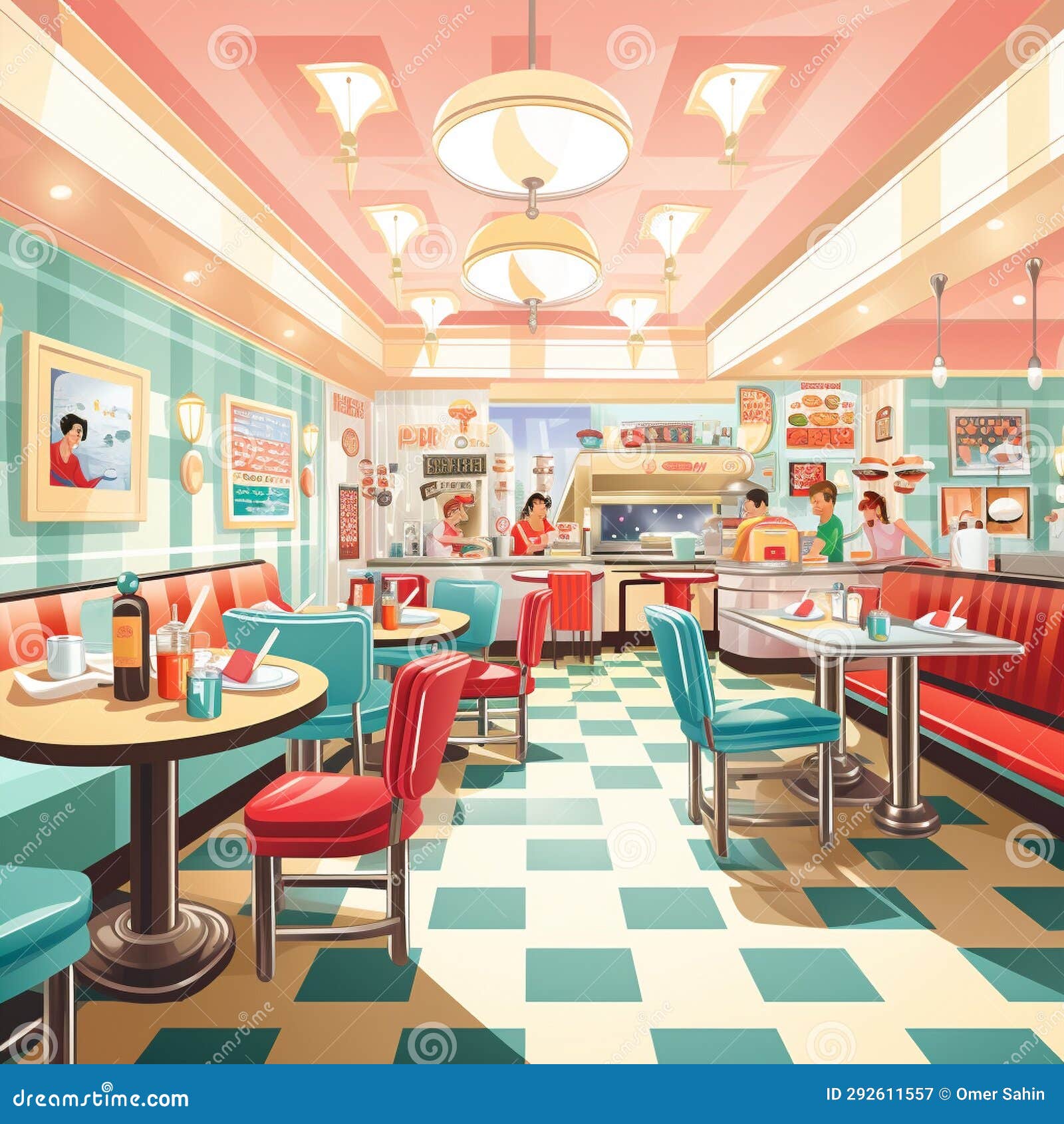 Retro-inspired Illustration of a Bustling Reception Buffet in a 1950s ...