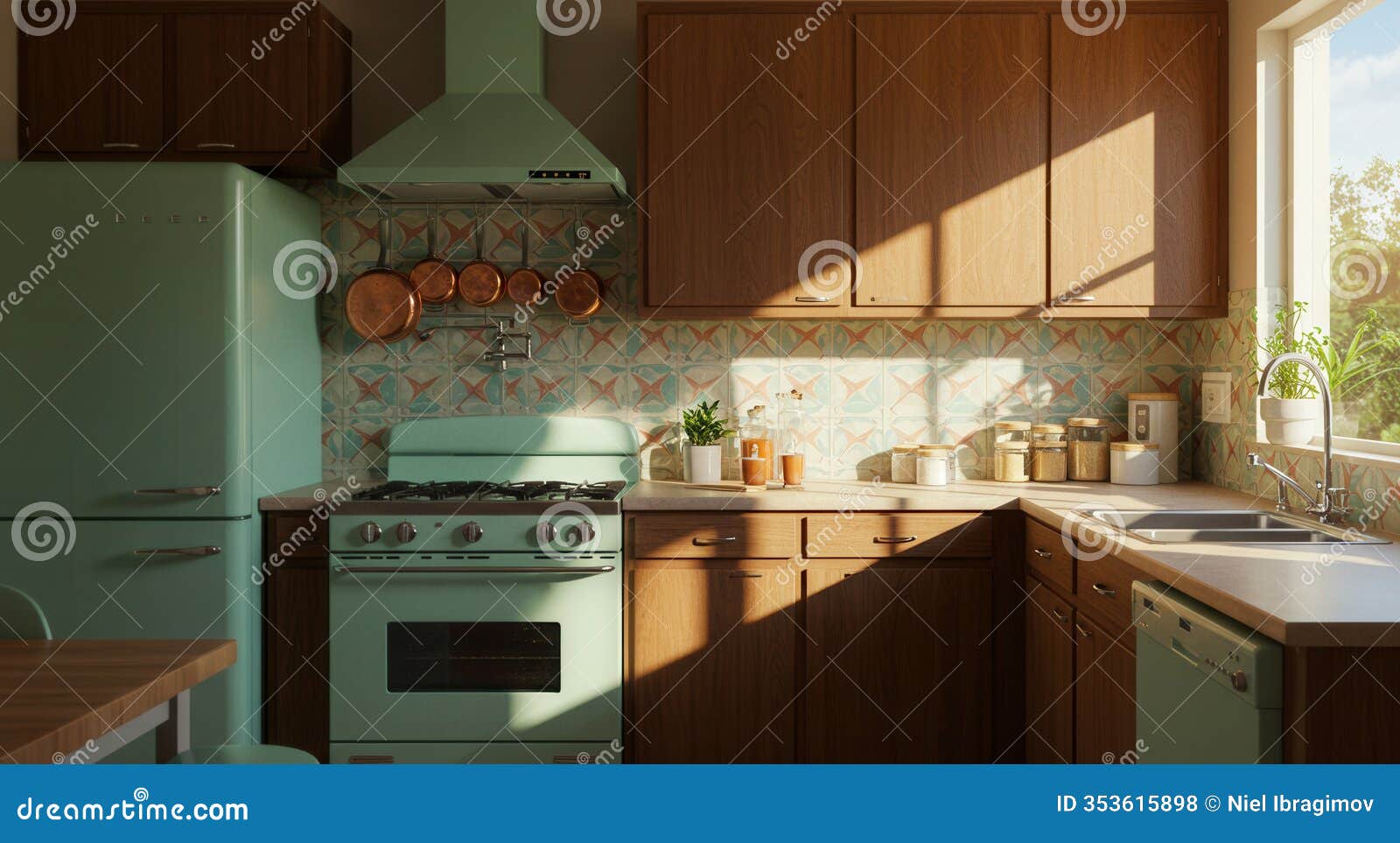 Retro-inspired Kitchen with Mint Green Appliances and Vintage Tile ...