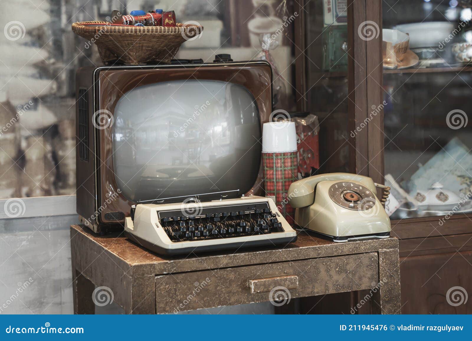 Retro Interior - Old TV, Typewriter and Dial Phone. Things from the 50s ...