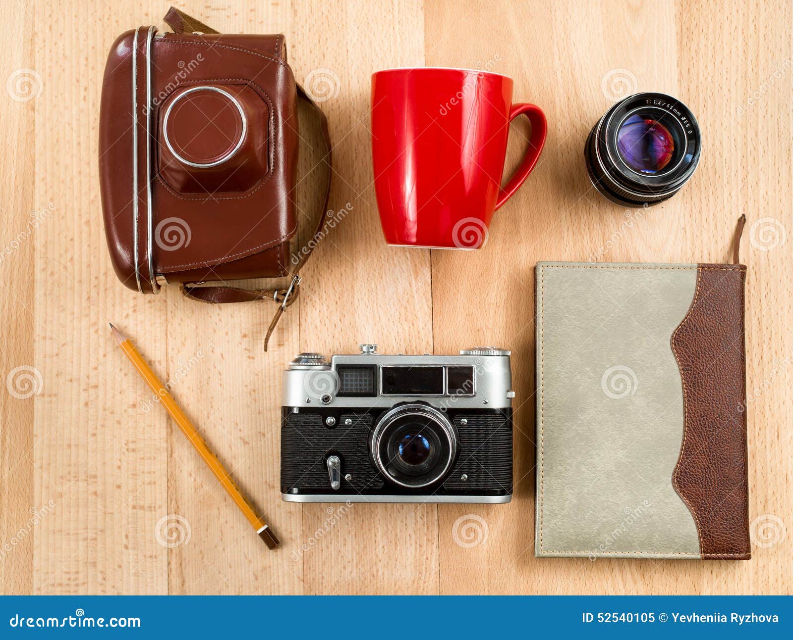 Retro Journalist Workspace with Camera, Lens, Notebook, Pencil a Stock ...