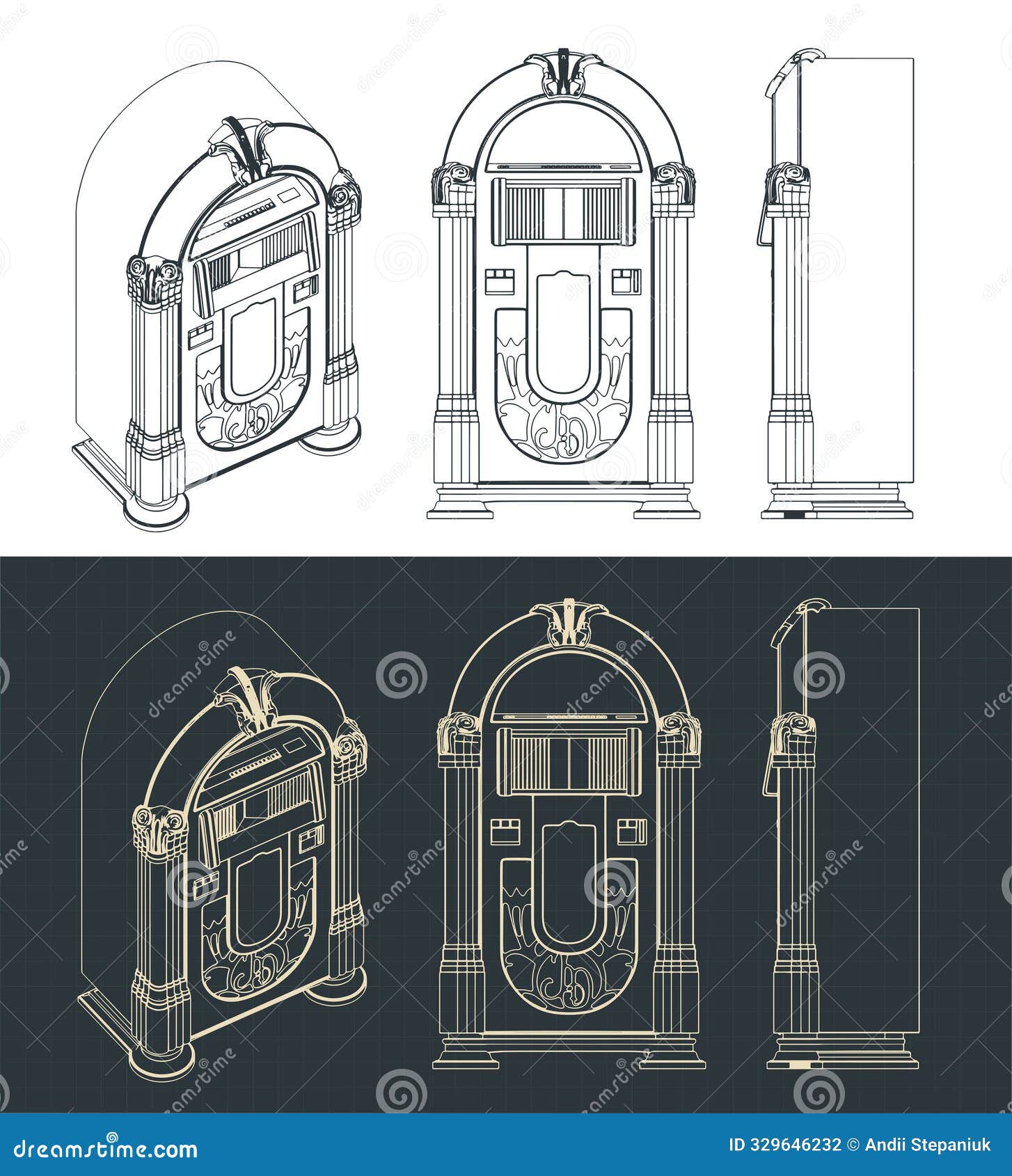Retro Jukebox Technical Drawings Vector Illustration | CartoonDealer ...