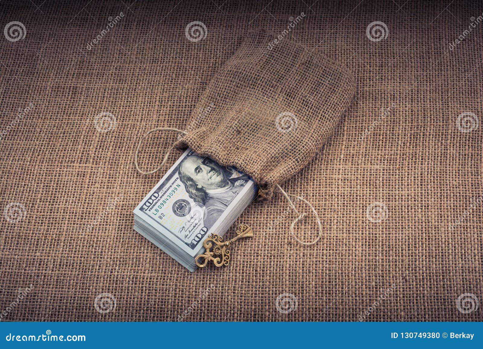 Retro Key and Bundle of US Dollar in a Sack Stock Photo - Image of cash ...