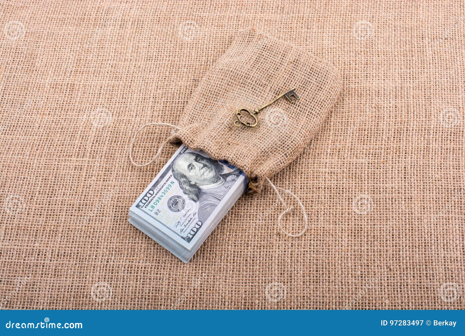 Retro Key and Bundle of US Dollar in a Sack Stock Image - Image of bill ...