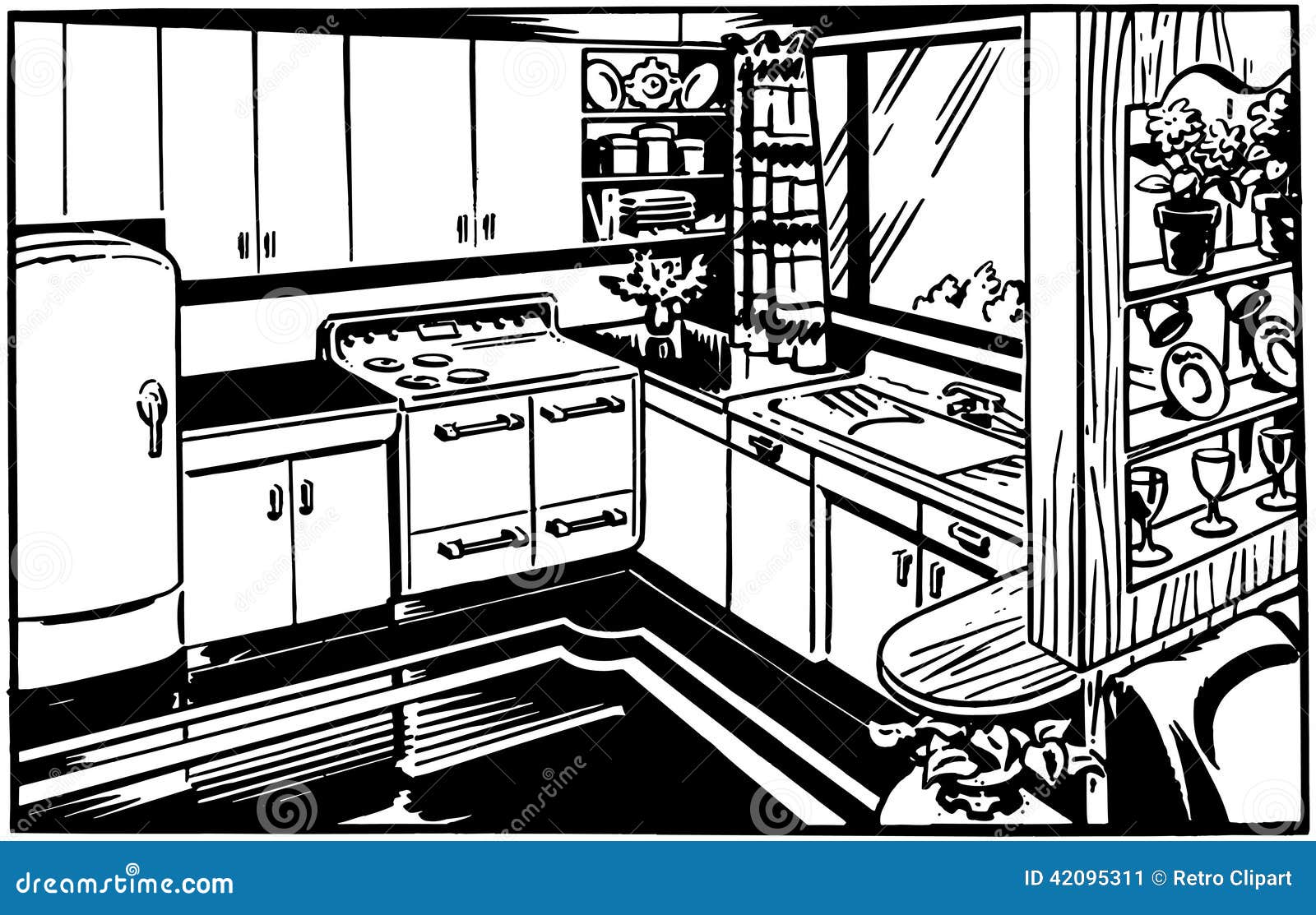 Retro Kitchen stock vector. Illustration of dishes, cupboards - 42095311