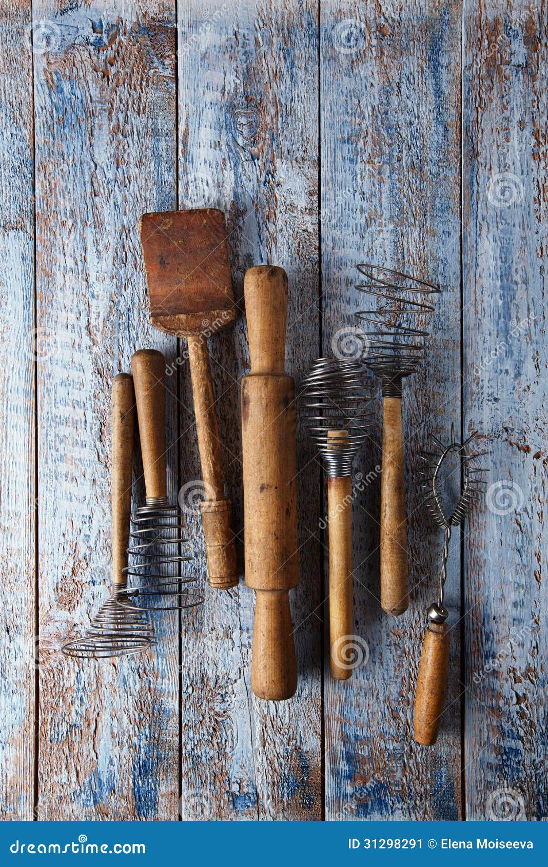 Retro Kitchen Utensils on Old Wooden Table Stock Image - Image of ...