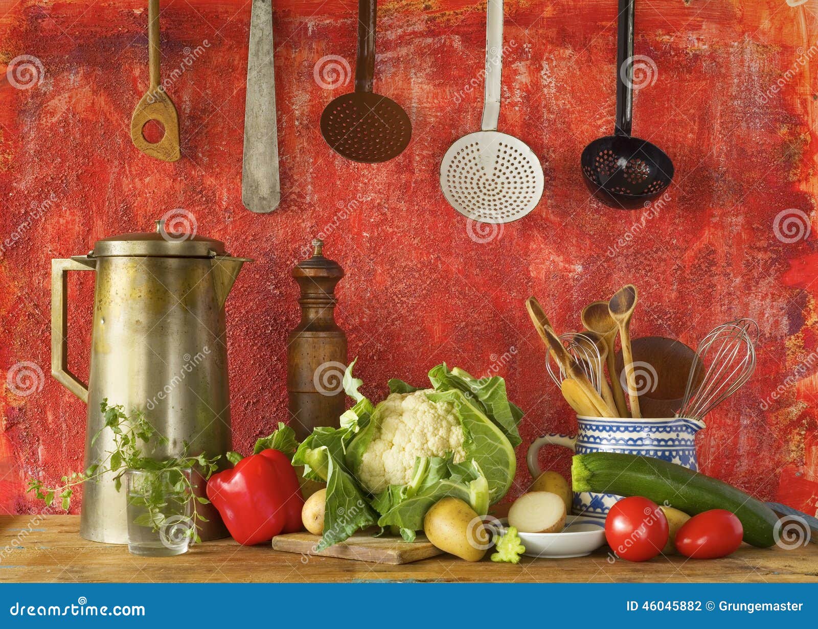 Retro Kitchen Utensils and Vegetables, Stock Photo - Image of ...