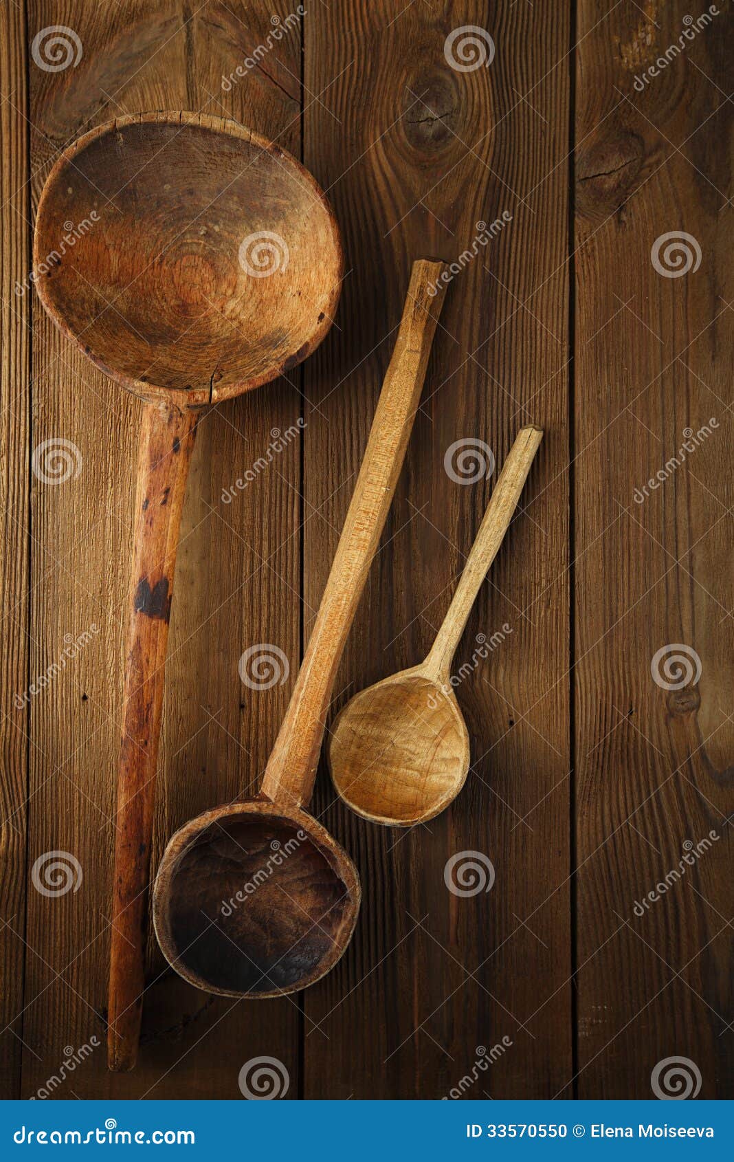 Retro Kitchen Utensils Wood Spoon on Old Wooden Table in Rustic Stock ...