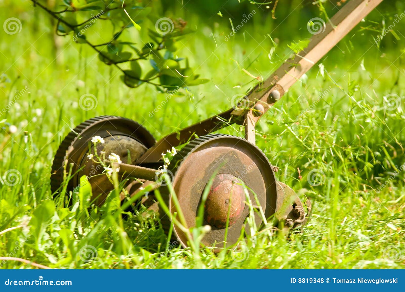 Retro lawn mower in action stock photo. Image of green - 8819348