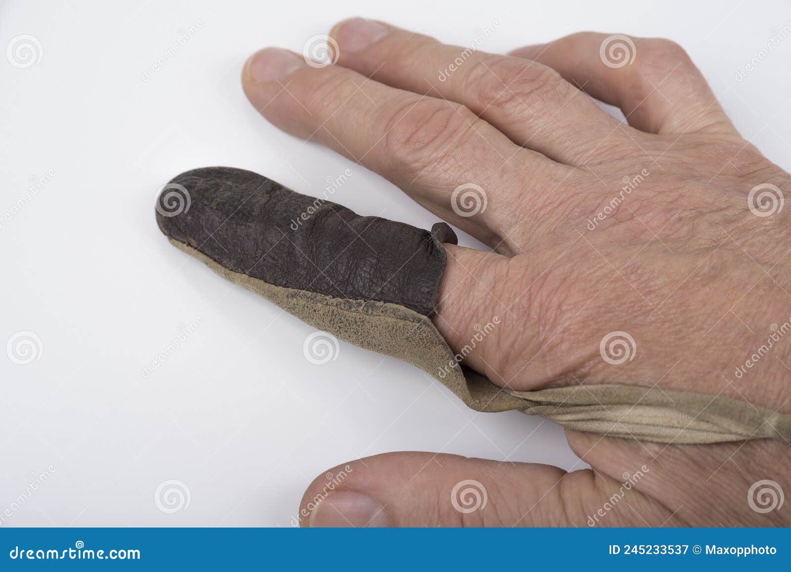 Retro Leather Finger Guards on a Index Finger on a White Stock Image ...