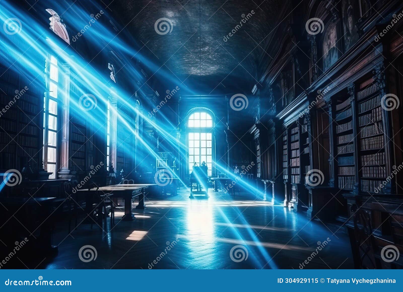 Retro Library Interior with Blue Rays of Day Light from Window Stock ...