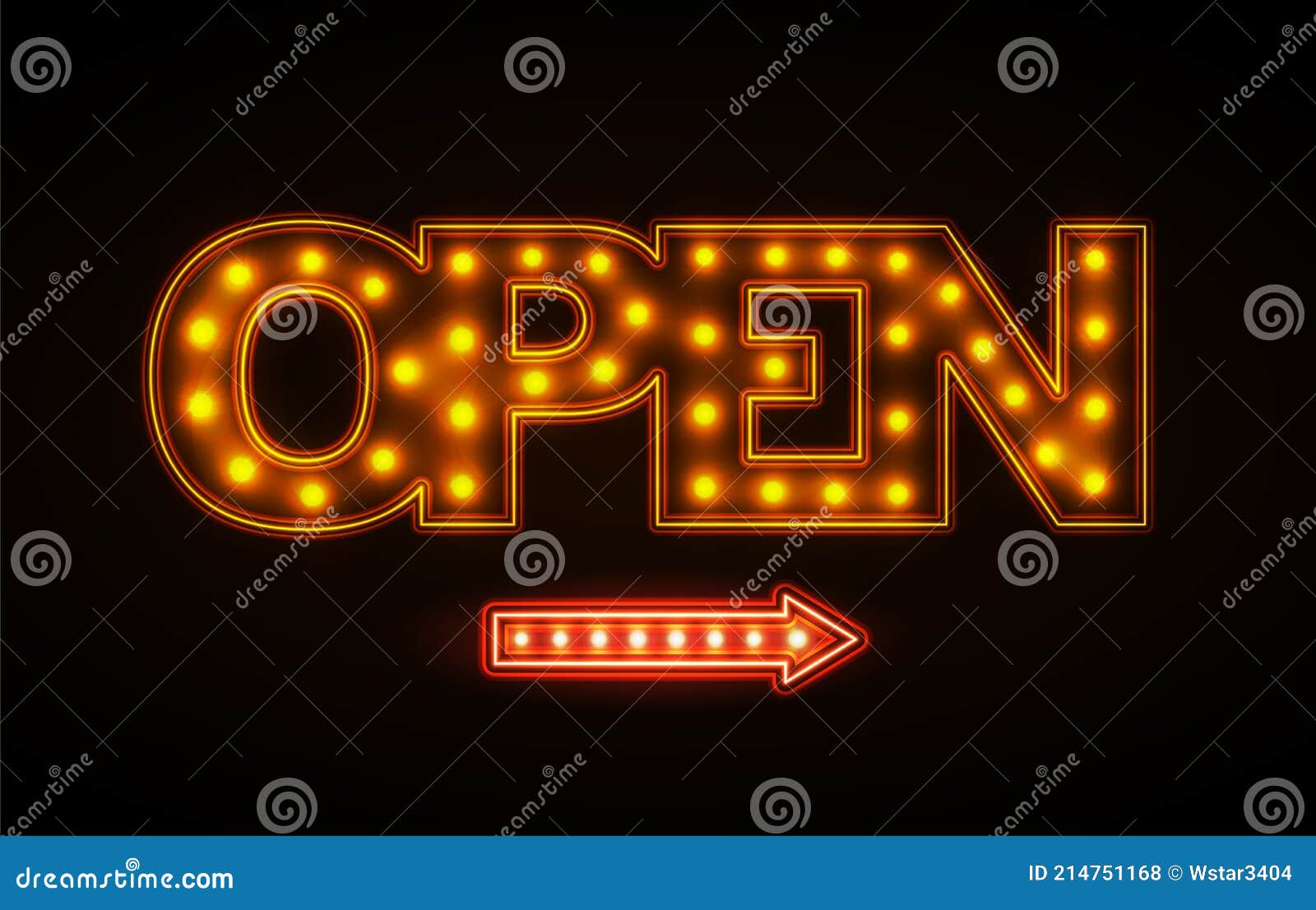 Retro Light Bulb Signboard Open with Arrow Neon Glow Frame Stock Vector ...