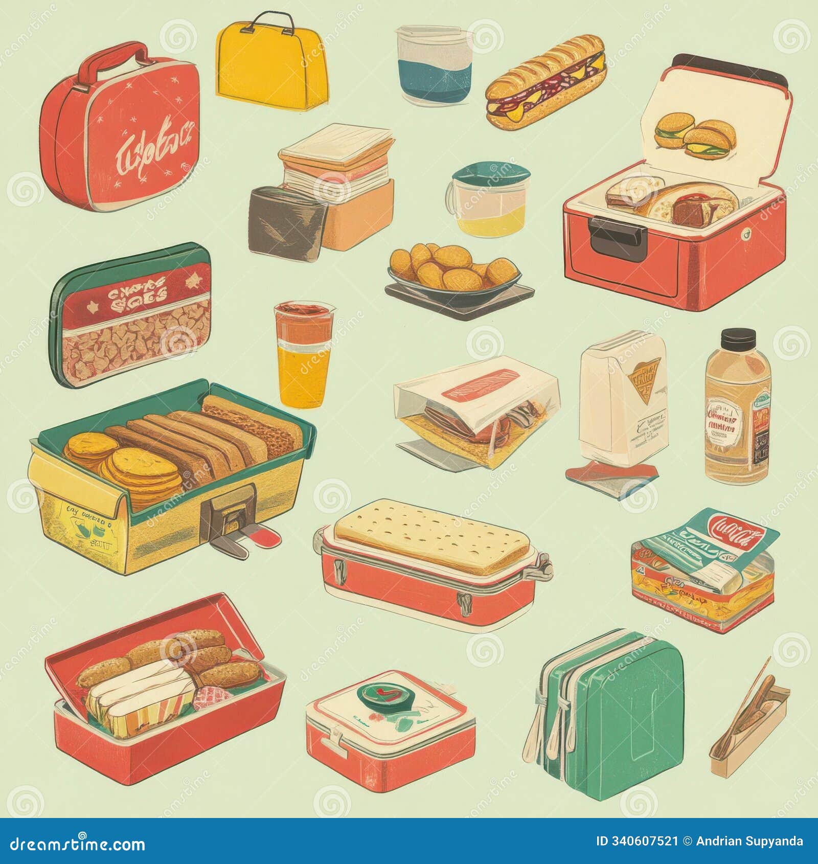 Retro Lunchboxes & Picnic Essentials, a Visual Guide Stock Illustration ...