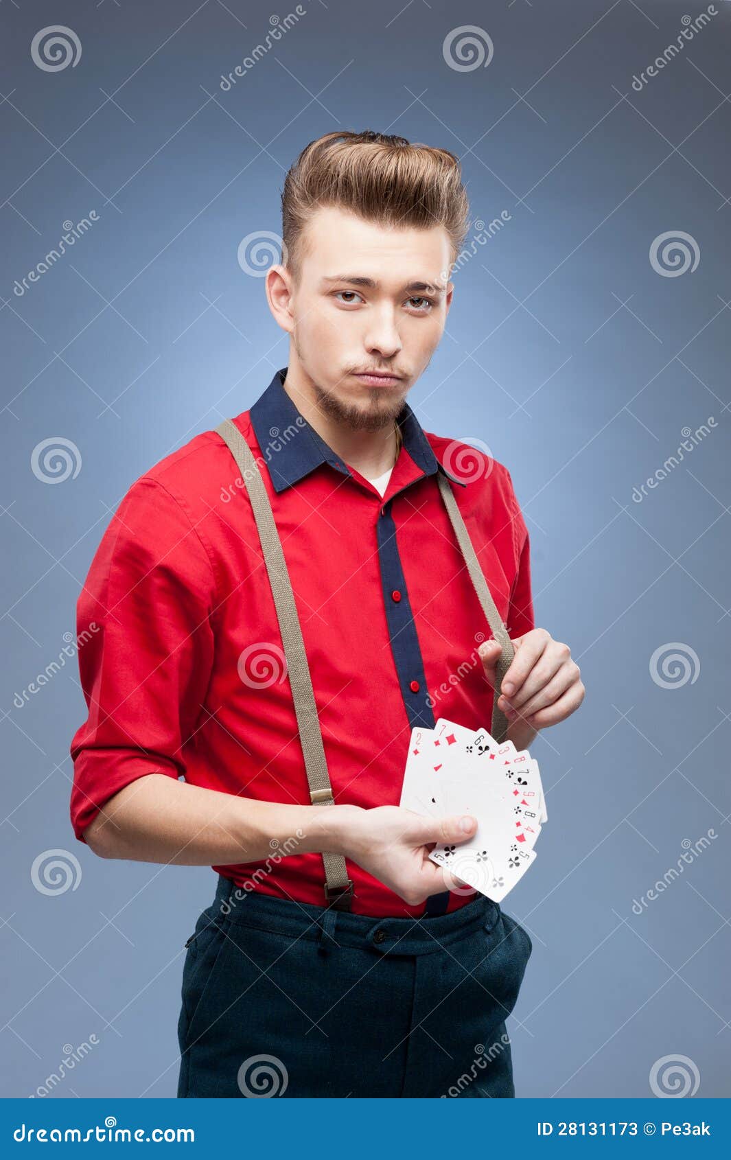 Retro Man Holding Playing Cards Stock Image - Image of single, cheerful ...