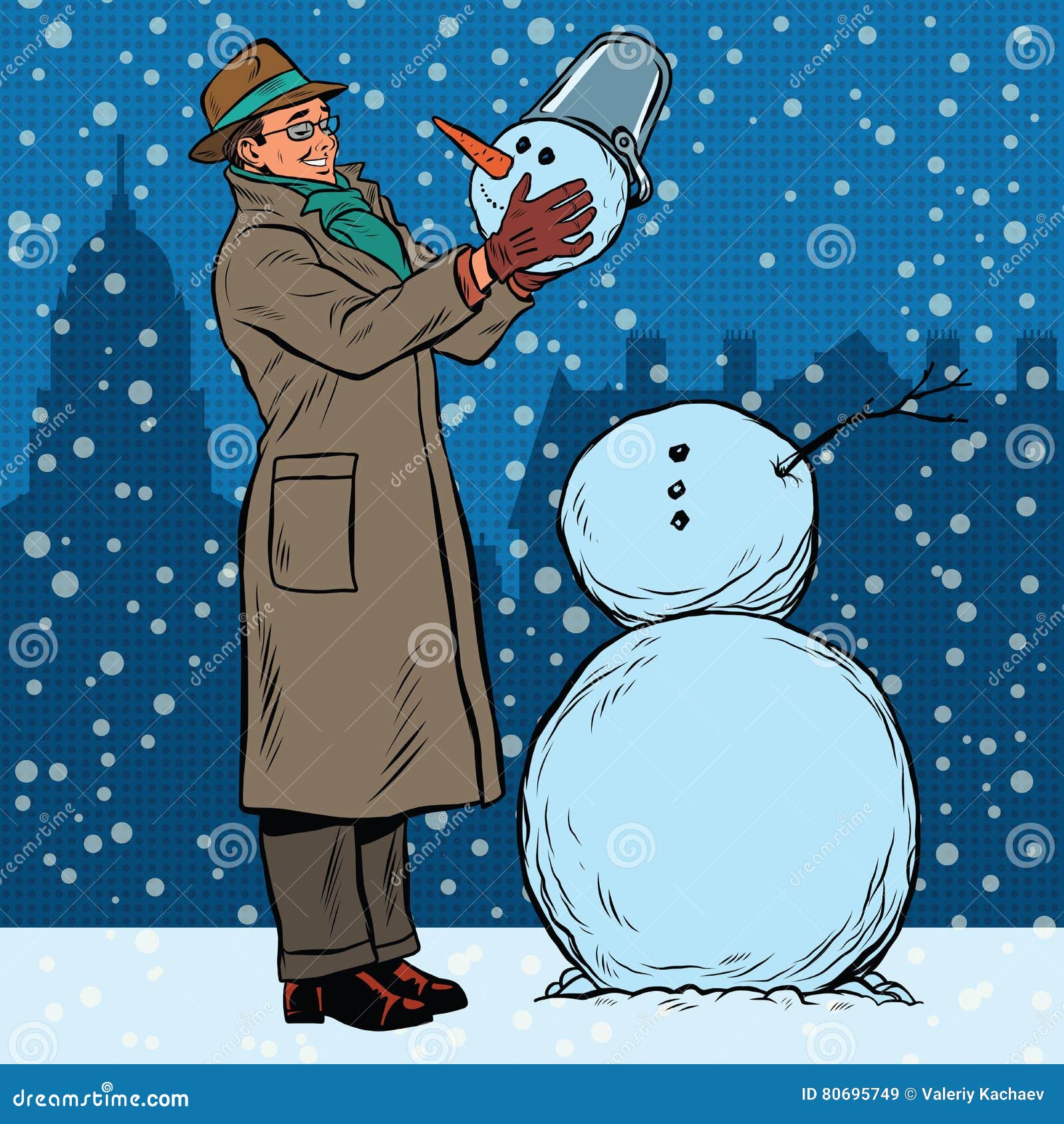 Retro man and snowman stock vector. Illustration of celebration - 80695749