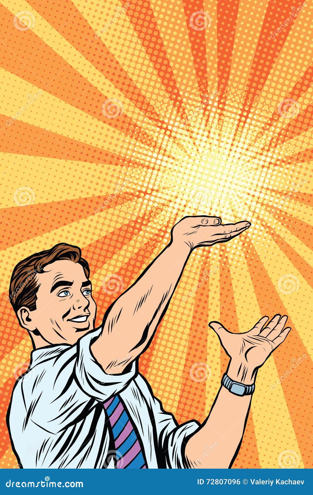 Retro man, sun on the palm stock vector. Illustration of vector - 72807096