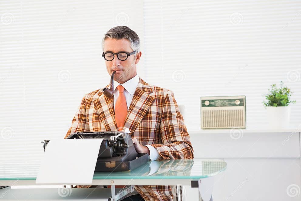 Retro Man Typing on Typewriter Stock Photo - Image of cheerful, grey ...