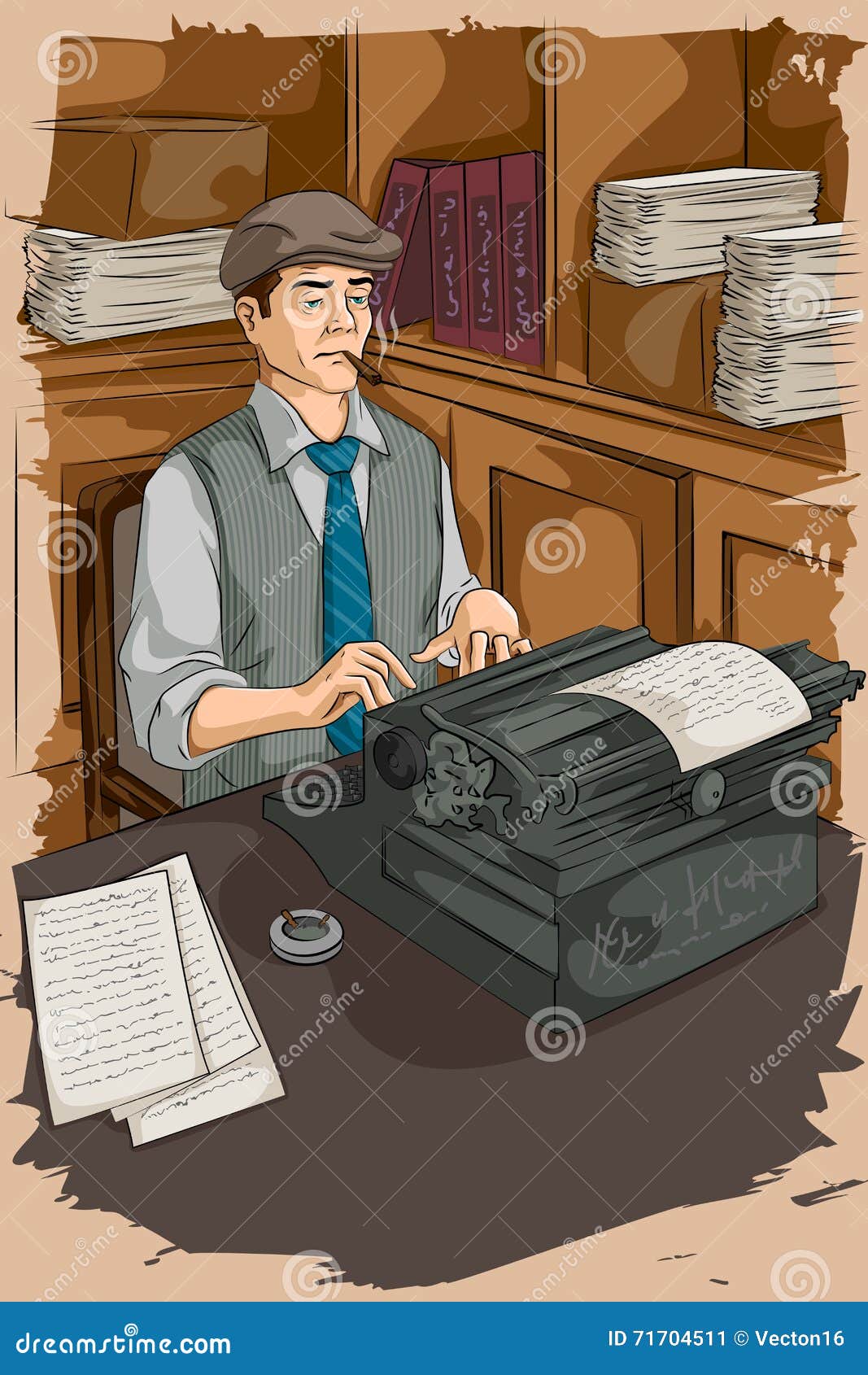 Retro Man Writing with Typewriter Stock Illustration - Illustration of ...