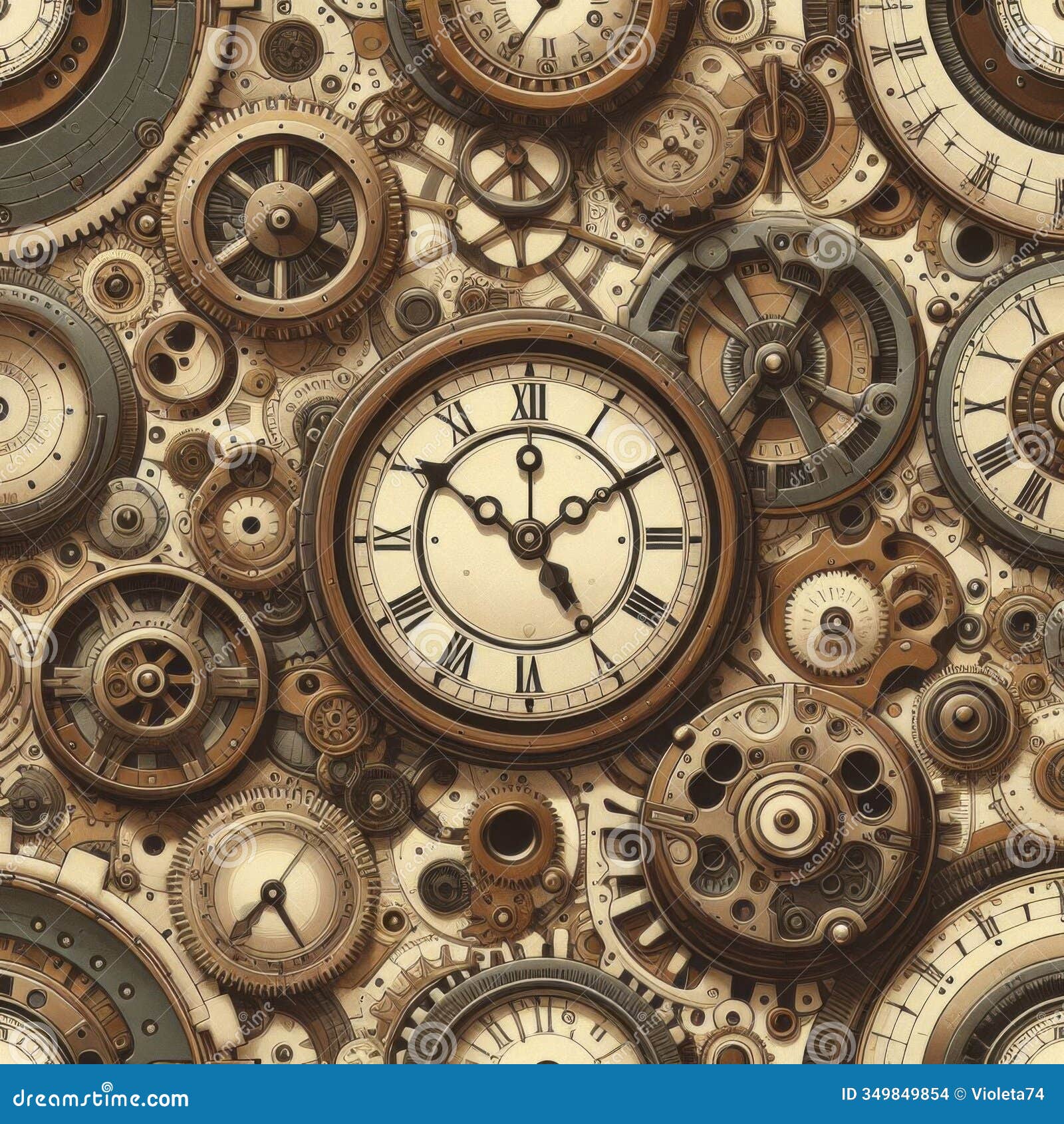 Retro Mechanical Clocks Pattern Background in Rusty Brown Hues Colors ...