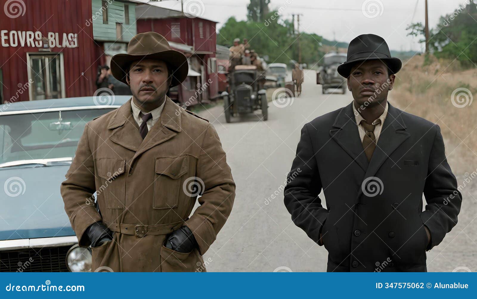 Retro men in small town stock photo. Image of buildings - 347575062