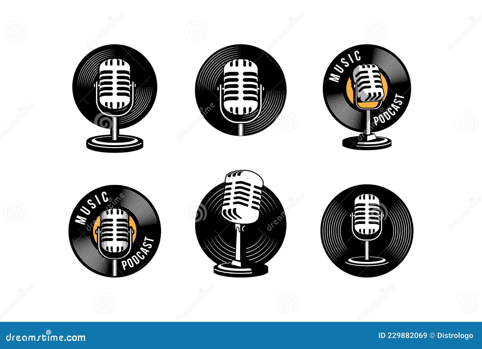 Retro Mic Microphone Vector Illustration Isolated on Vinyl Record Shape ...