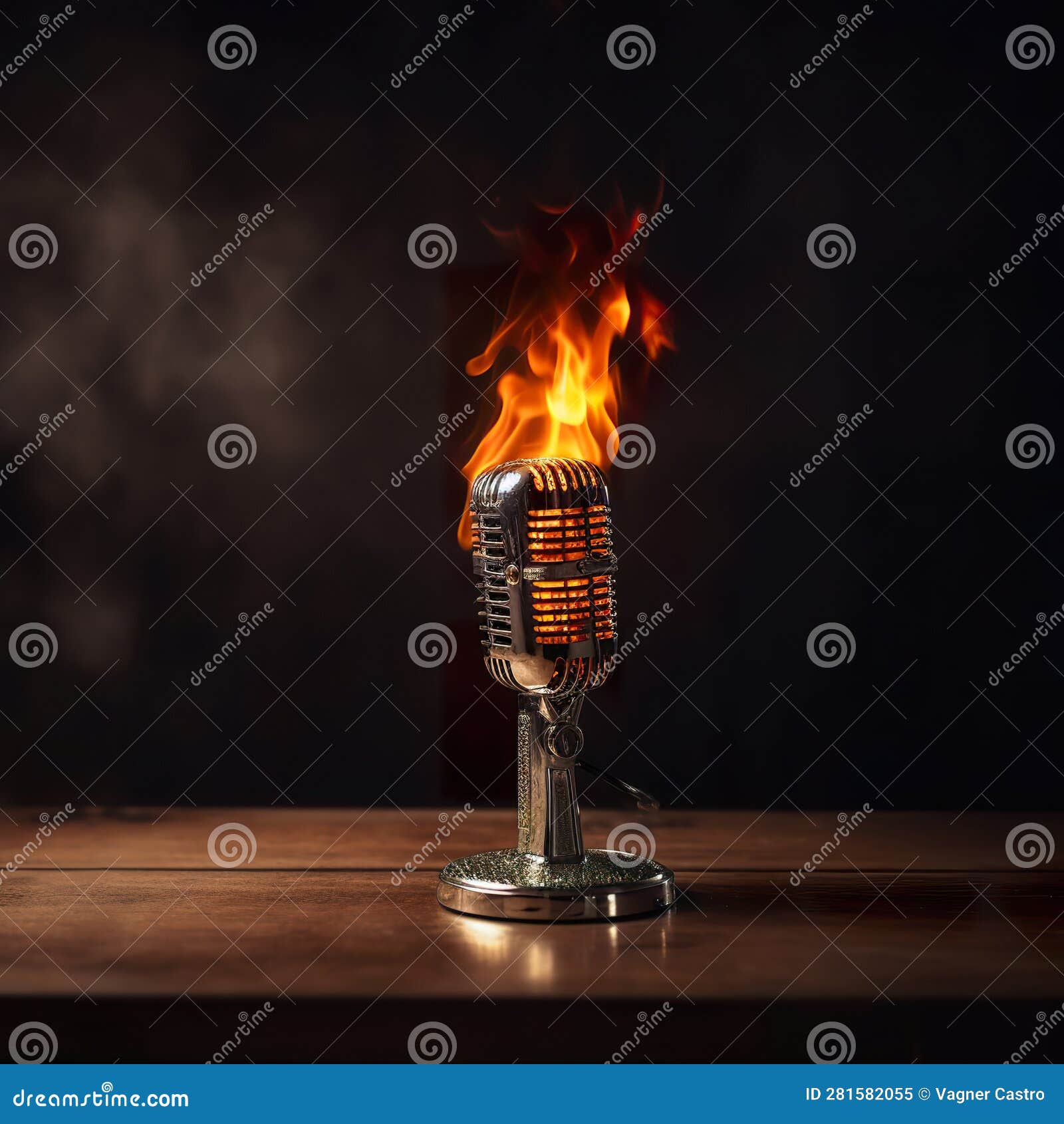 Retro Microphone on Fire on Top of a Table. Professional Microphone ...