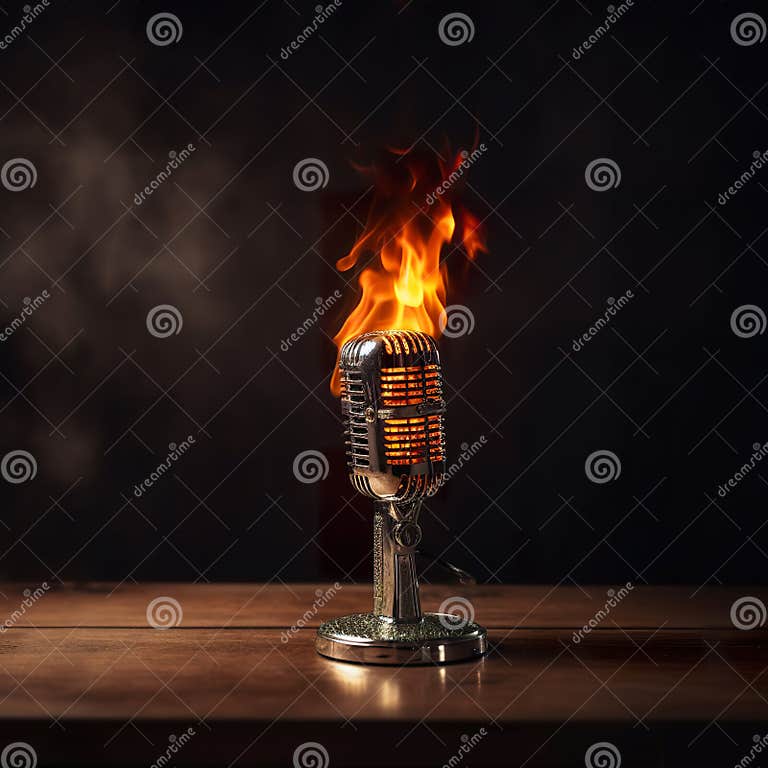 Retro Microphone on Fire on Top of a Table. Professional Microphone ...
