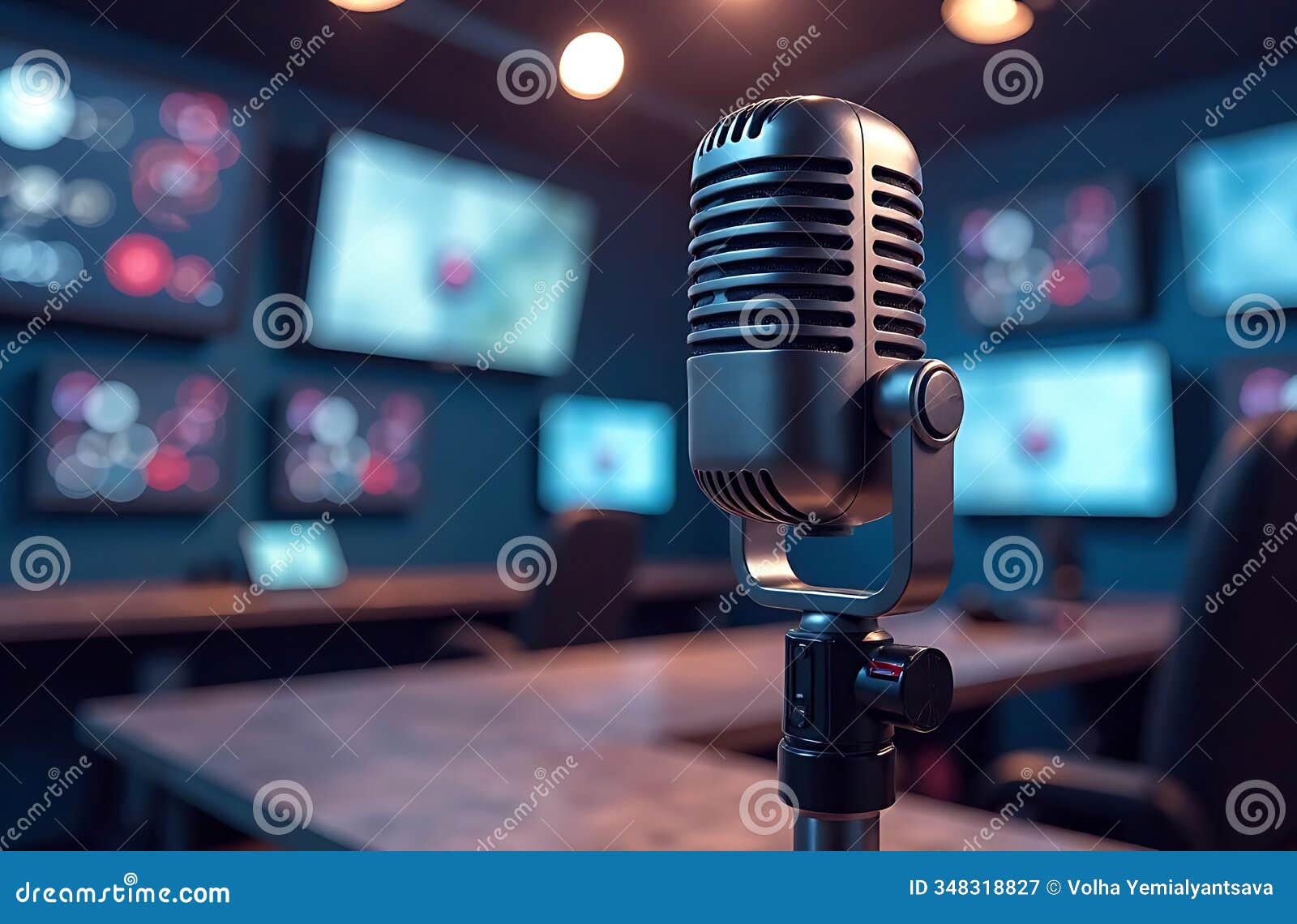 Retro Microphone in Modern Studio Setting with Multiple Screens. Radio ...