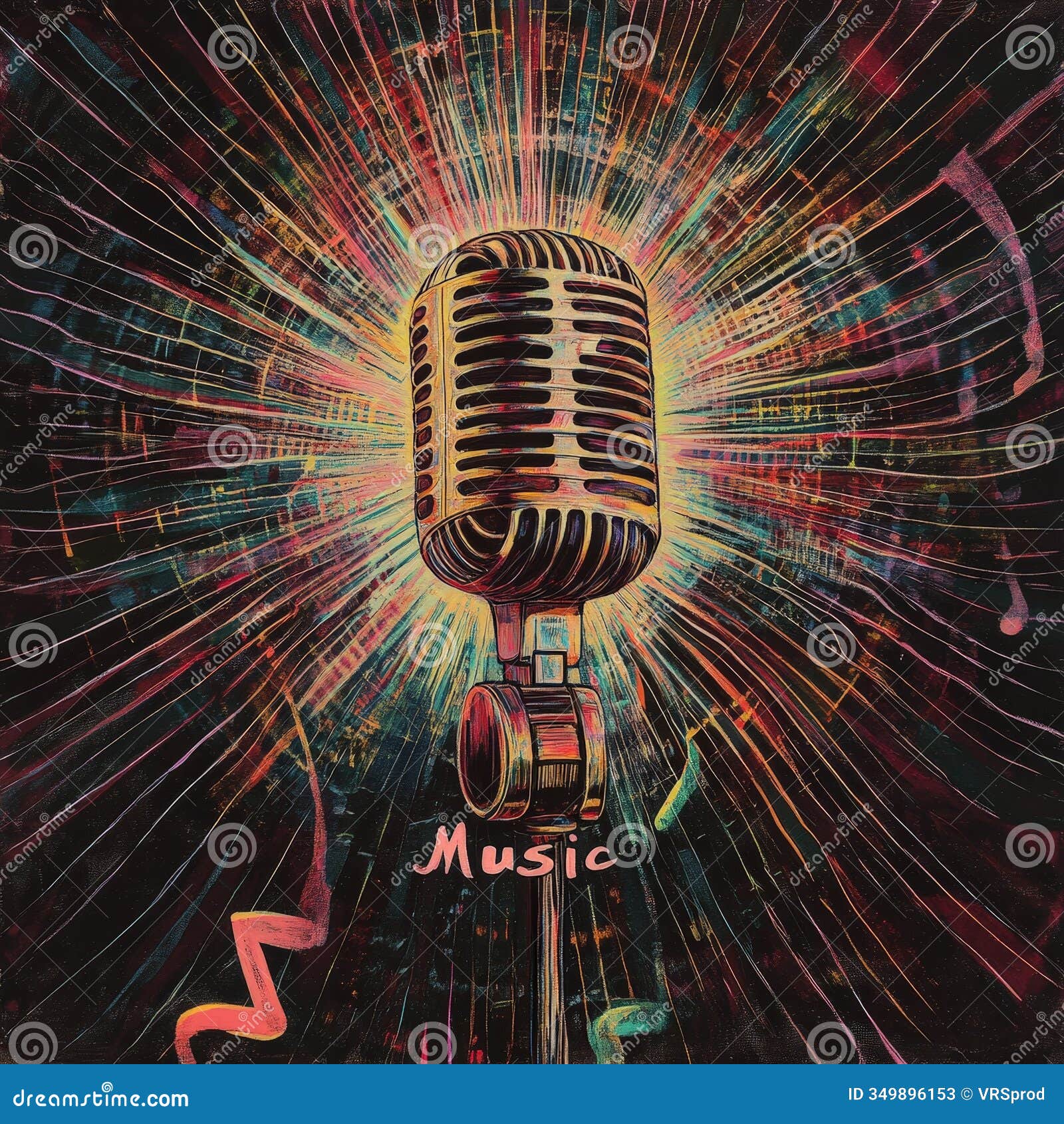 Retro Microphone with Neon Music Notes and Abstract Energy Stock Image ...
