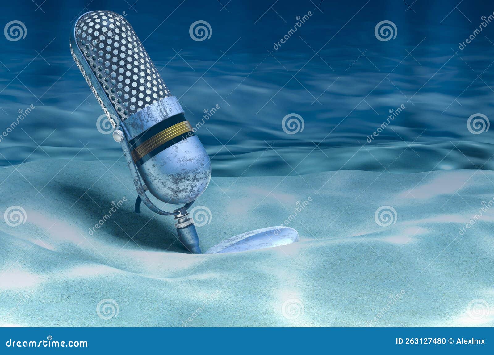 Retro Microphone on Ocean Bottom Underwater, 3D Rendering Stock ...