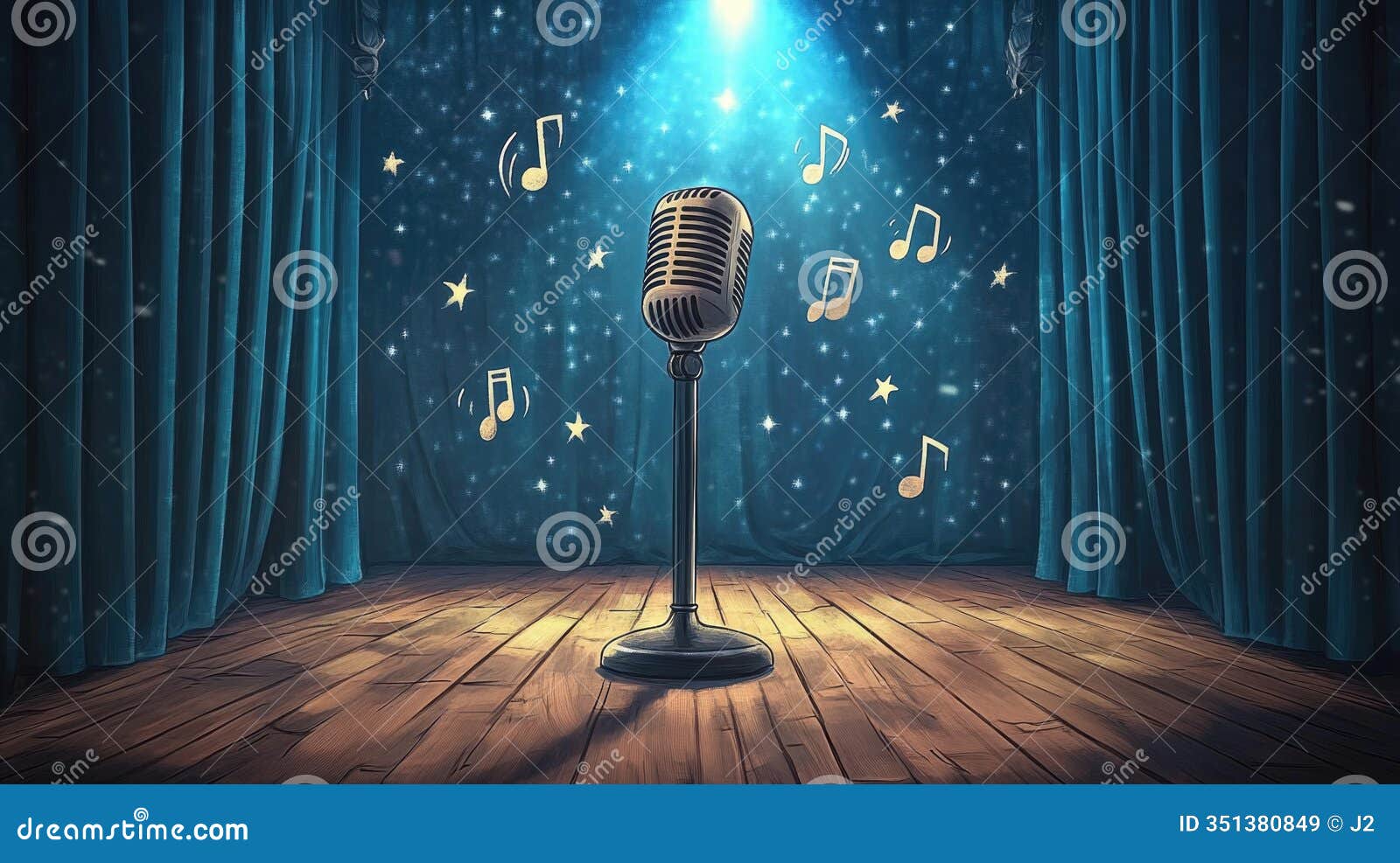Retro Microphone on Stage with Musical Notes and Curtains in Spotlight ...