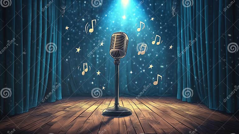 Retro Microphone on Stage with Musical Notes and Curtains in Spotlight ...